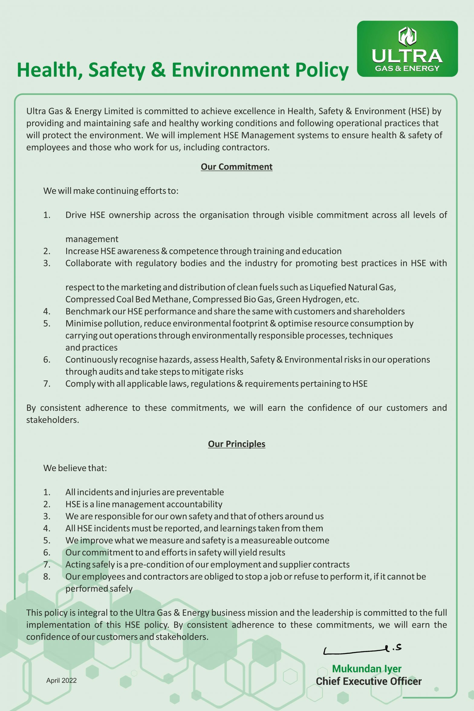 HSE Policy – Ultra Gas and Energy