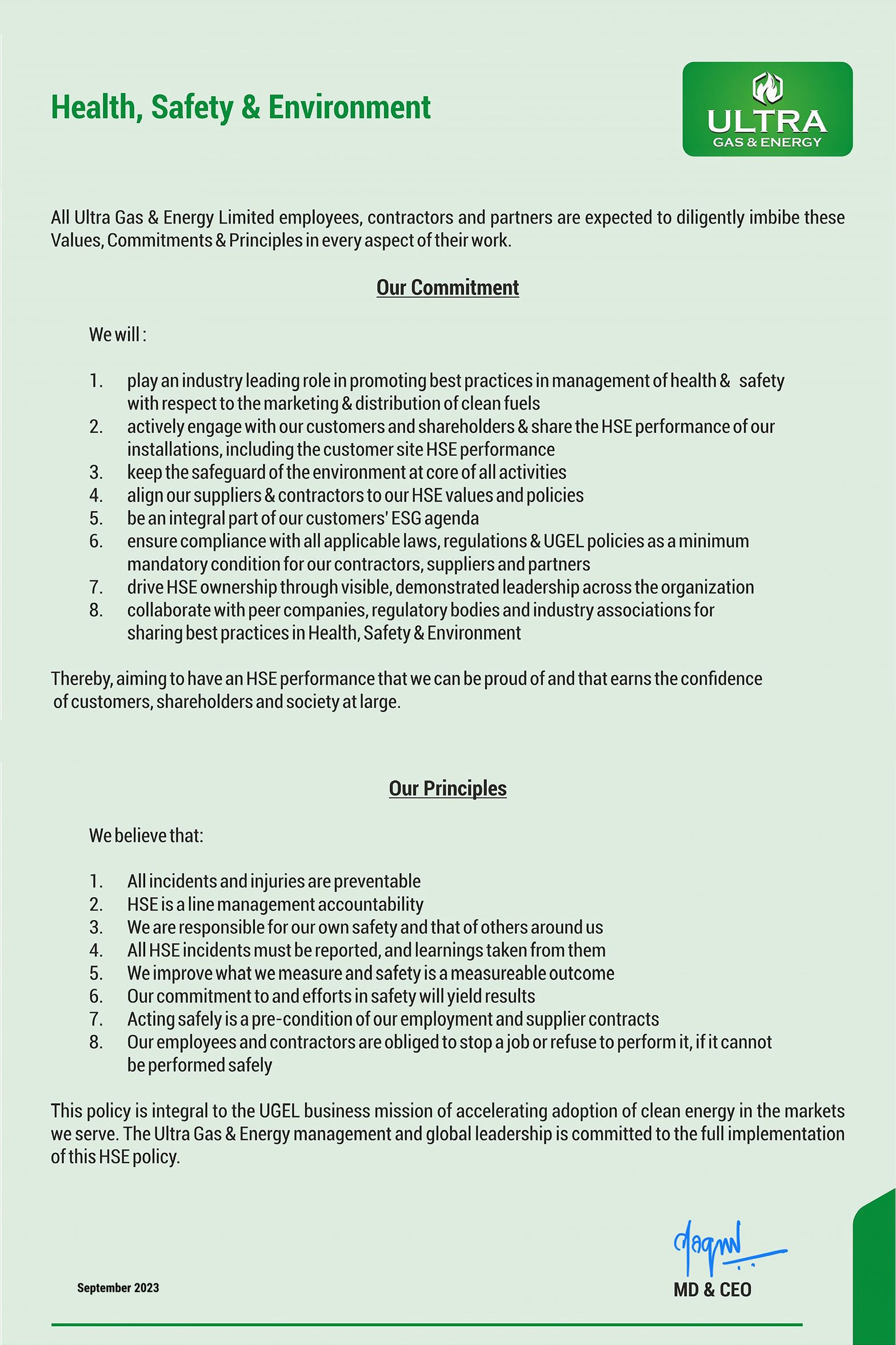 HSE Policy – Ultra Gas and Energy